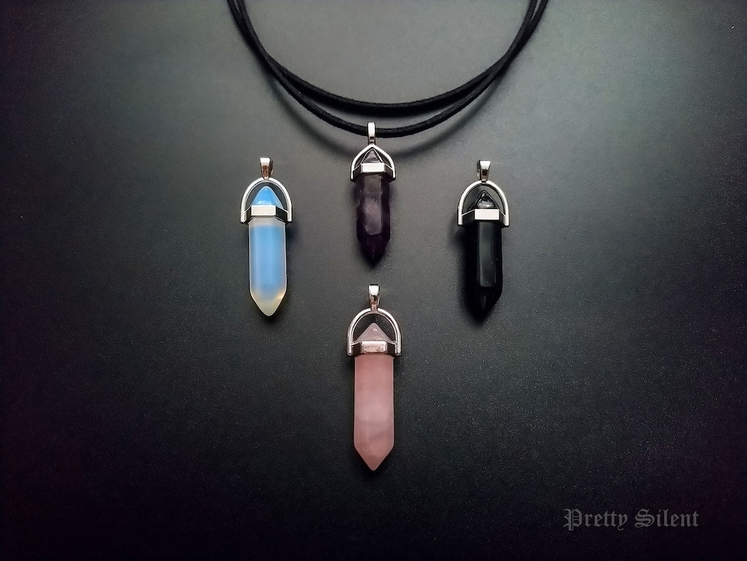 Double Black Choker With Crystal Point Pendant, Layered Flat Cord ...