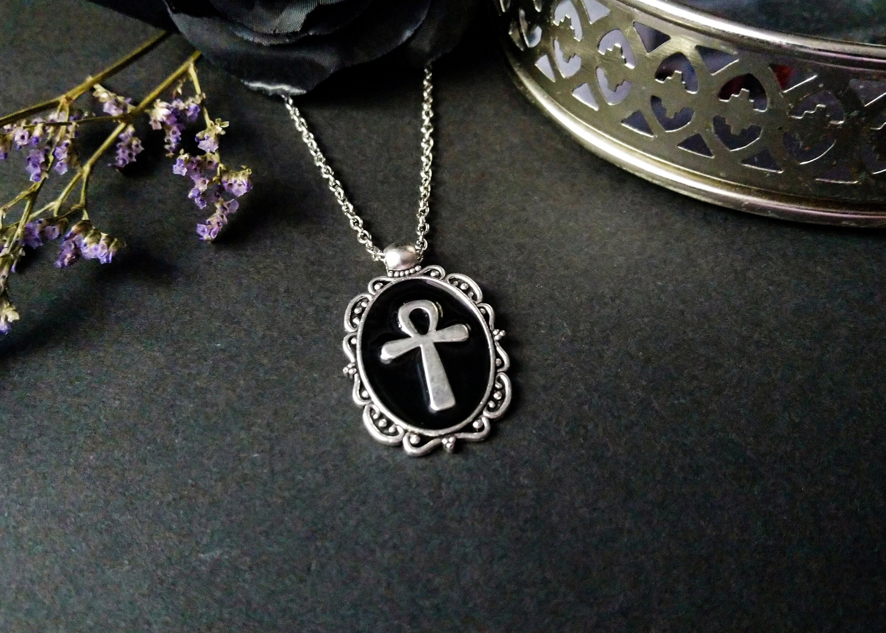 Gothic Cameo Necklace With Ankh Cross Silver Ornate Frame - Etsy
