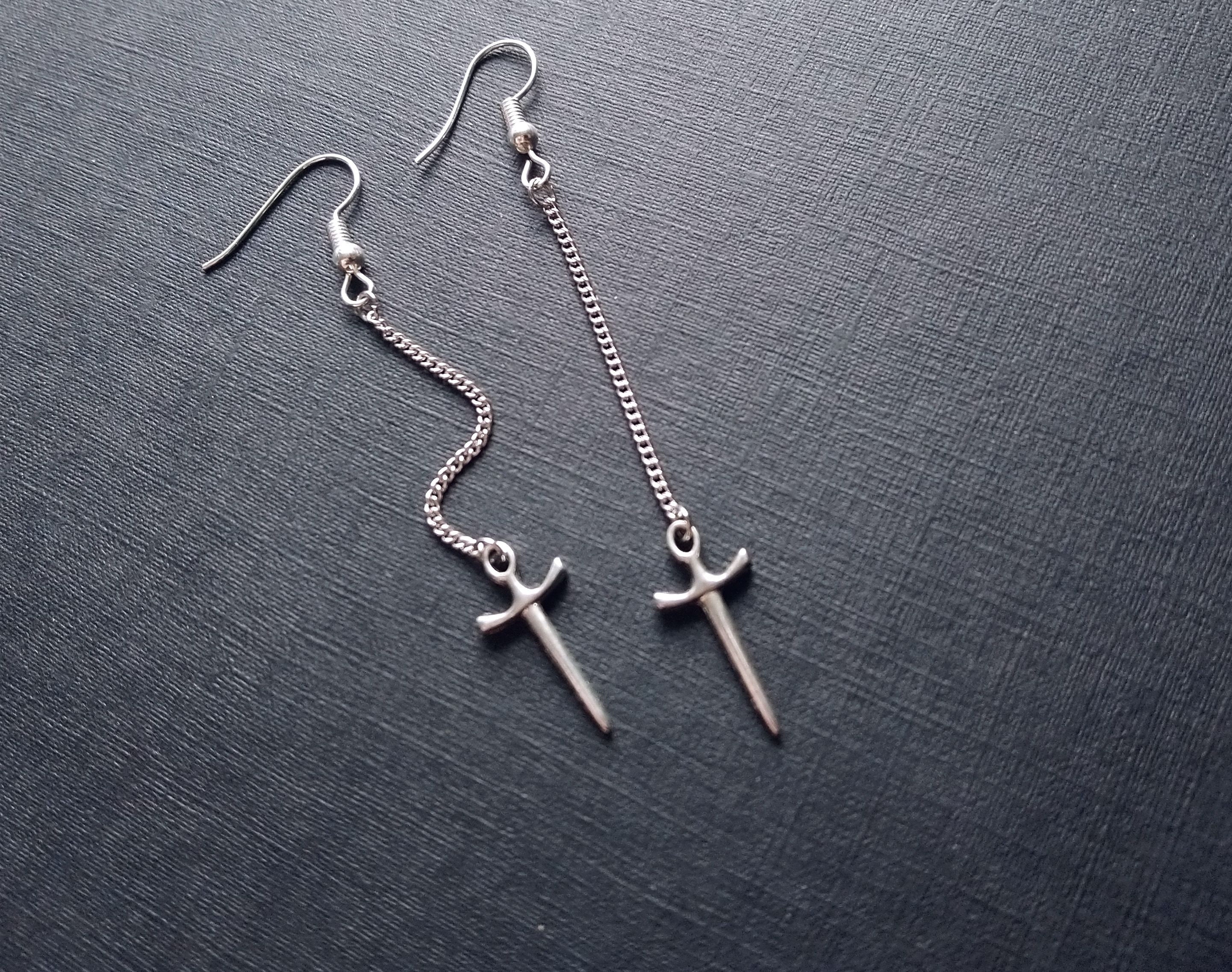 Silver Dagger Earrings With Chains Chain Earrings With Tiny - Etsy UK