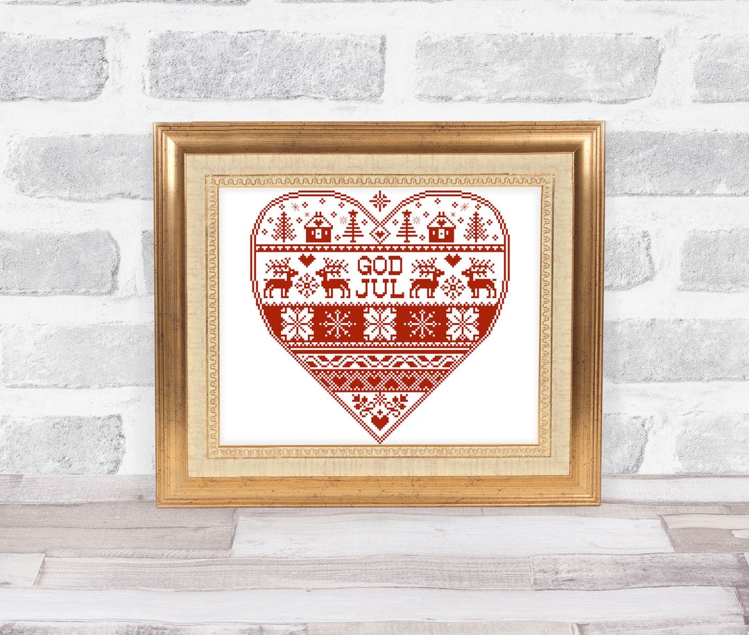 God Jul Monochrome Heart Cross Stitch Pattern - Etsy