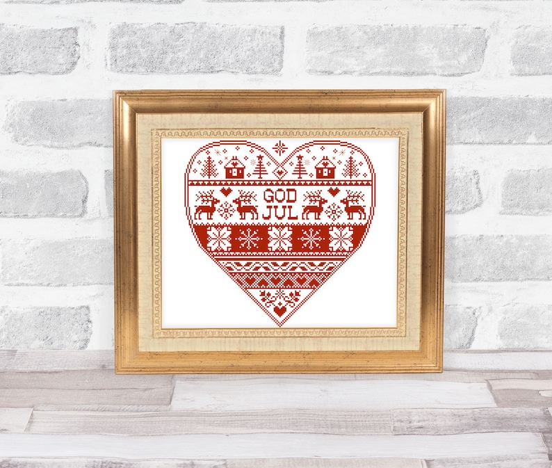 God Jul Monochrome Heart Cross Stitch Pattern - Etsy