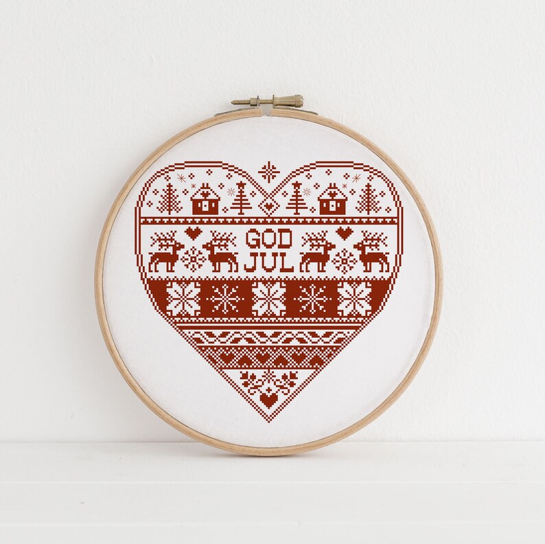 God Jul Monochrome Heart Cross Stitch Pattern - Etsy