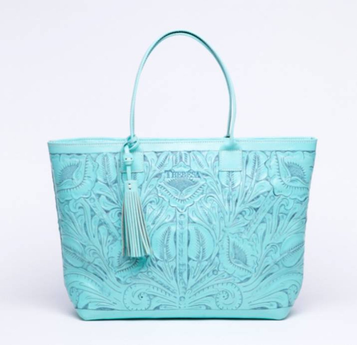 Hand Tooled Tote/tooled Leather Bag/turquoise Leather/tooled Turquoise ...