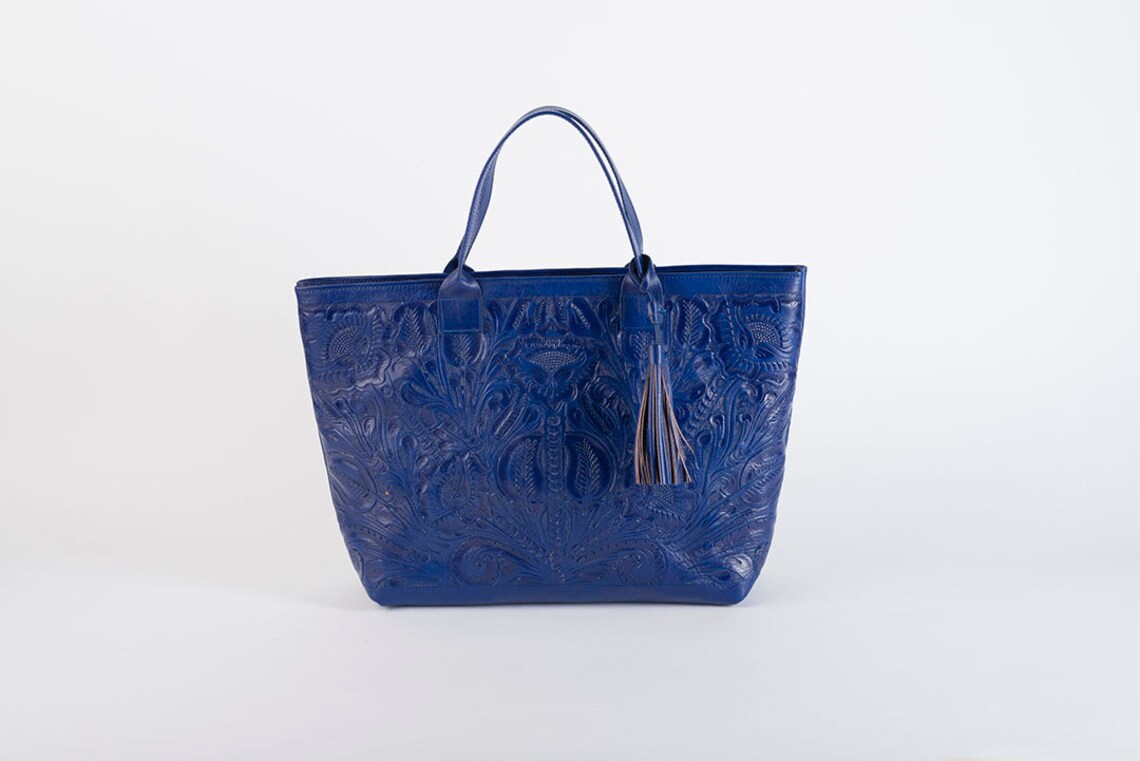 Blue Leather Bag/blue Tote Bag/blue Tooled Leather/blue - Etsy