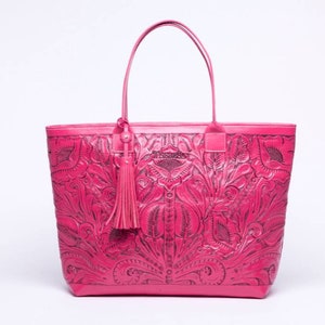 Hand Tooled Bag/hand Tooled Tote/pink Leather Bag/handmade/leather ...