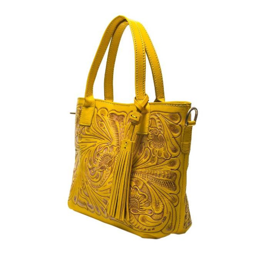Yellow Leather Bag/Hand Tooled Purse/Hand Tooled Bag/Mexican | Etsy