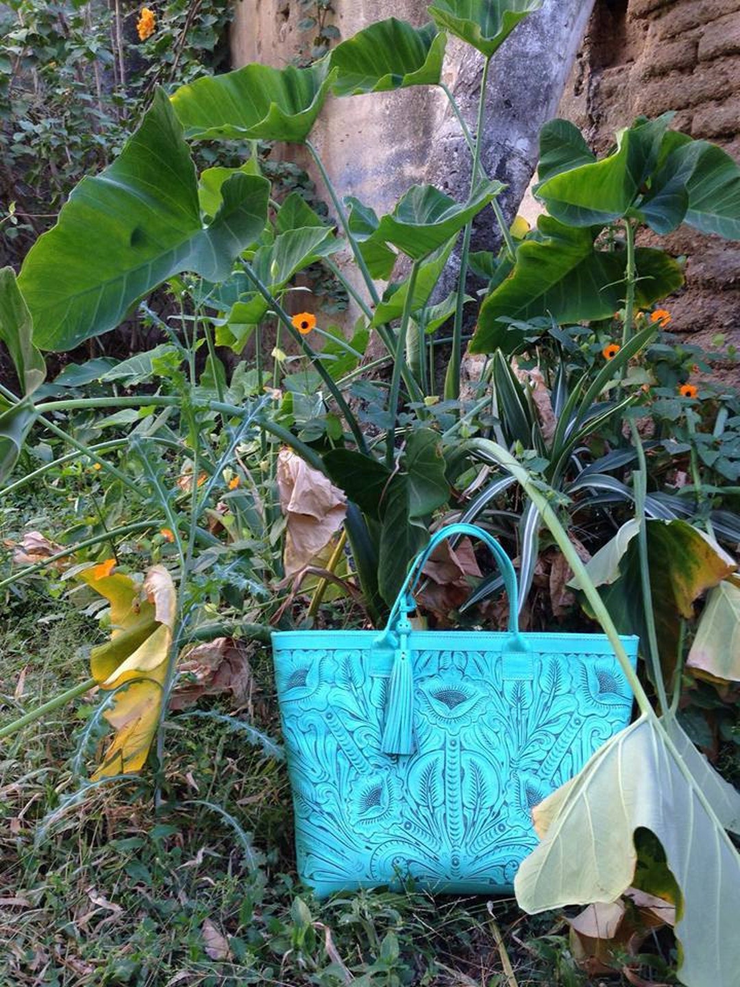 Hand Tooled Tote/tooled Leather Bag/turquoise Leather/tooled Turquoise ...