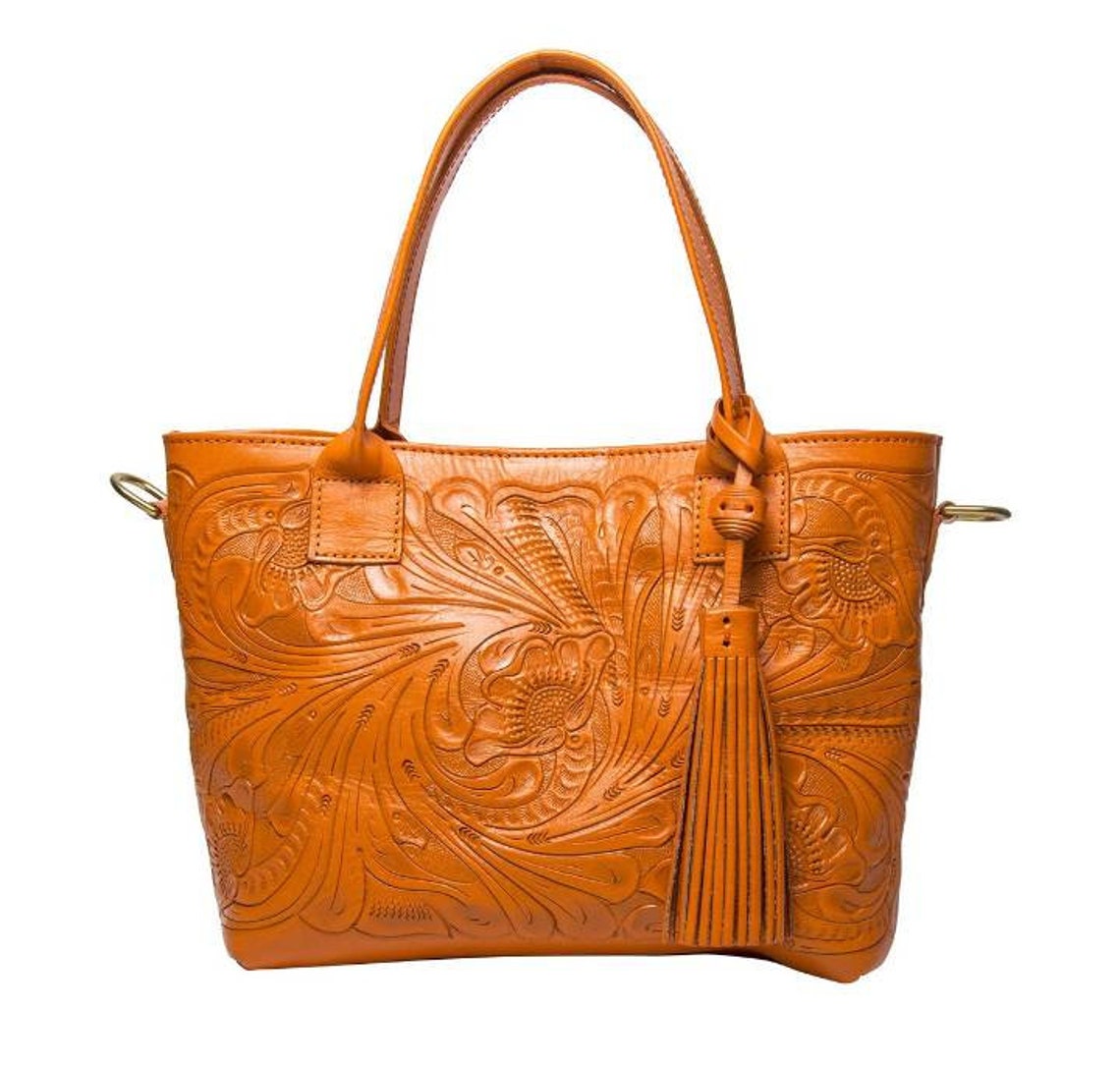 Orange Leather Bag/hand Tooled Leather Bag/orange Crossbody Bag/tooled ...