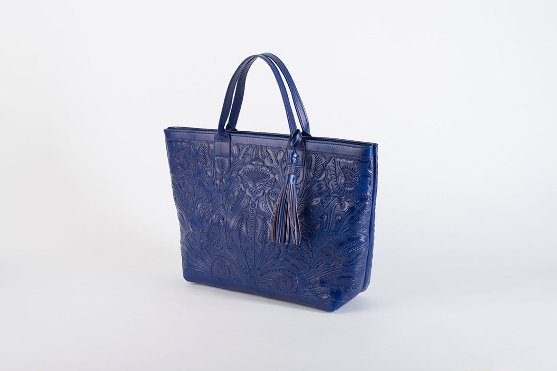 Blue Leather Bag/blue Tote Bag/blue Tooled Leather/blue - Etsy