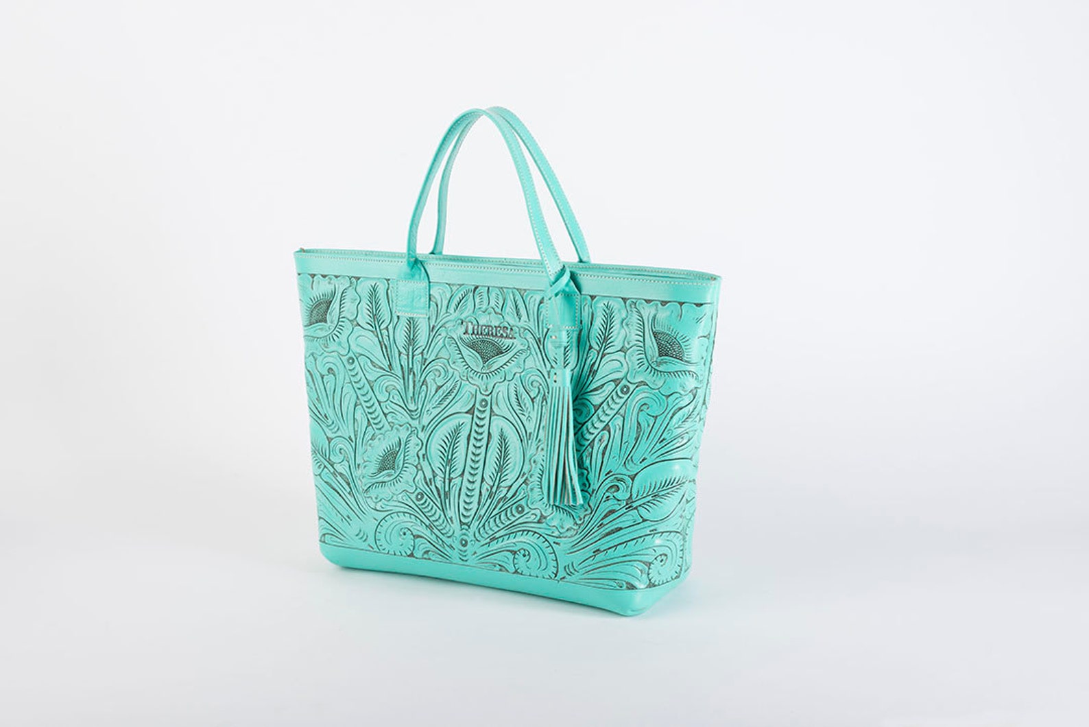 Hand Tooled Tote/tooled Leather Bag/turquoise Leather/tooled Turquoise ...