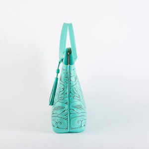 Hand Tooled Tote/tooled Leather Bag/turquoise Leather/tooled Turquoise ...