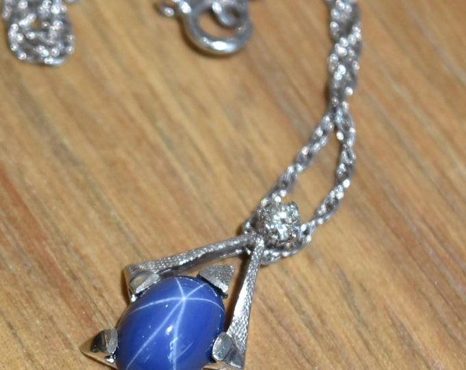 Vintage 14K White Gold Linde Star Sapphire and Diamond Pendant Necklace ...