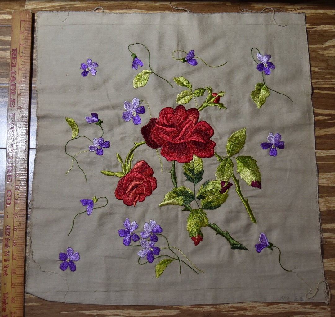 Antique Vtg Hand Embroidered Rose & Violets Floral Embroidery Pillow ...