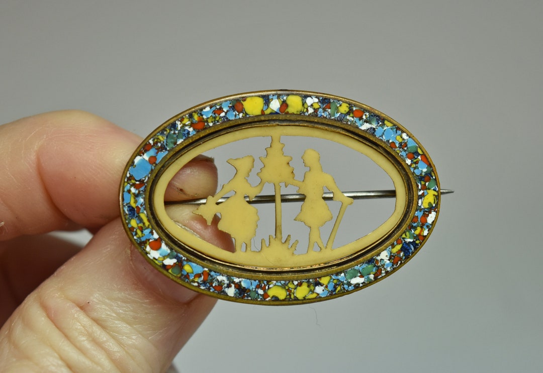 Antique Victorian Celluloid Carved Silhouette & End of Day Enamel Pin ...