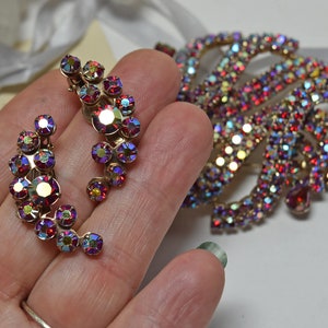 Vintage AB Ruby Crystal Rhinestone Pin Brooch W/ Matching Clip on ...