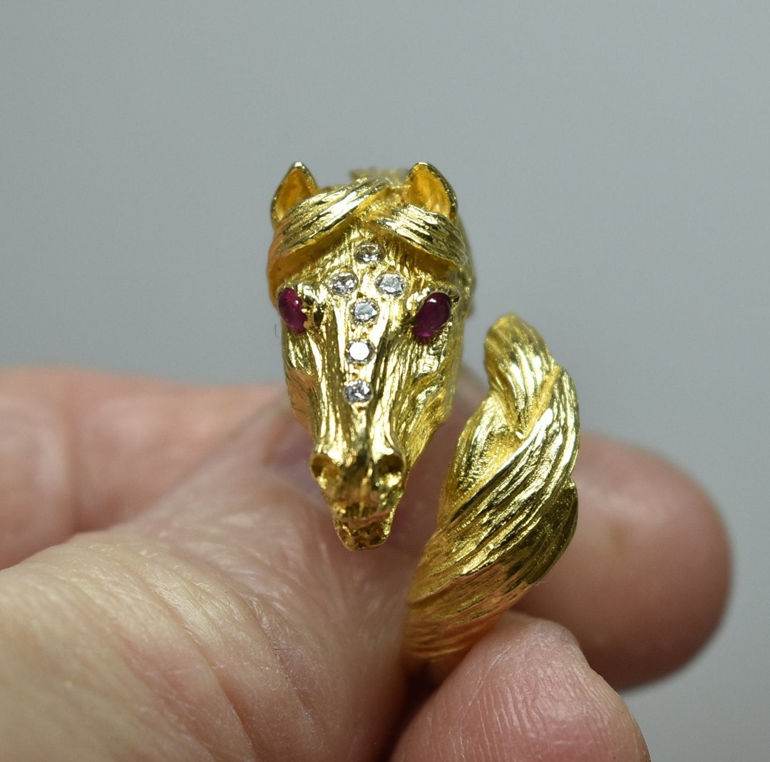 Diamond Ruby 18K Yellow Gold Horse Equestrian by Pass Ring Sz 8.25 15. ...