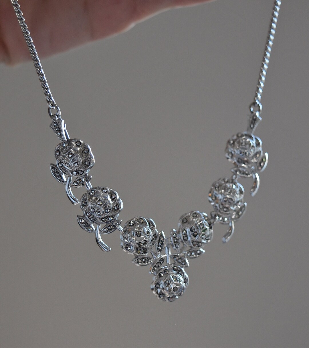 Vintage Sterling Silver & Marcasite Rose Bud Pendant Chain Necklace 20 ...