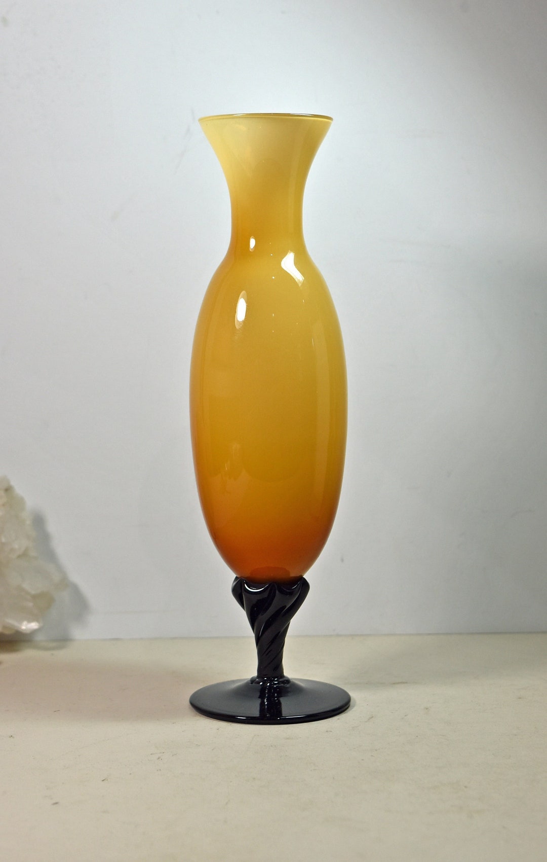 Vintage And Or Antique Blown Glass Vase Golden Amber W Black Swirl Pedestal Etsy