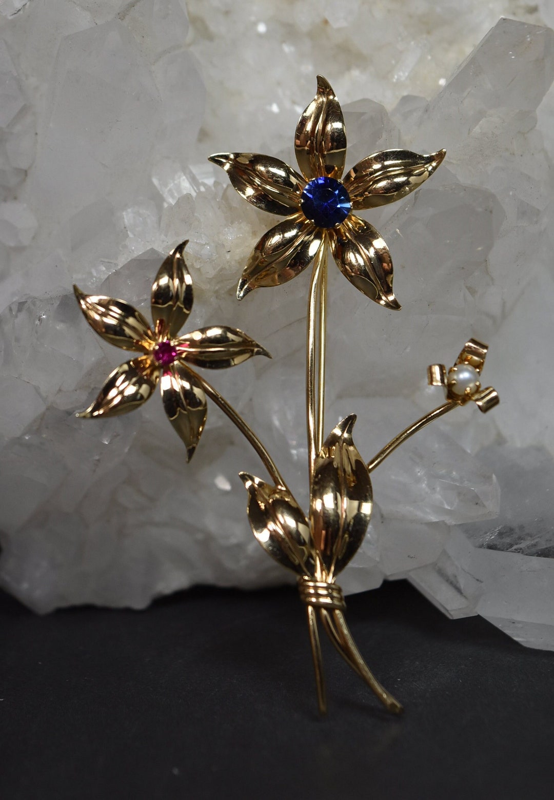 Vtg 1940's Pegasus Coro 10K Gold Floral Flower Brooch Pin Ruby Sapphire ...