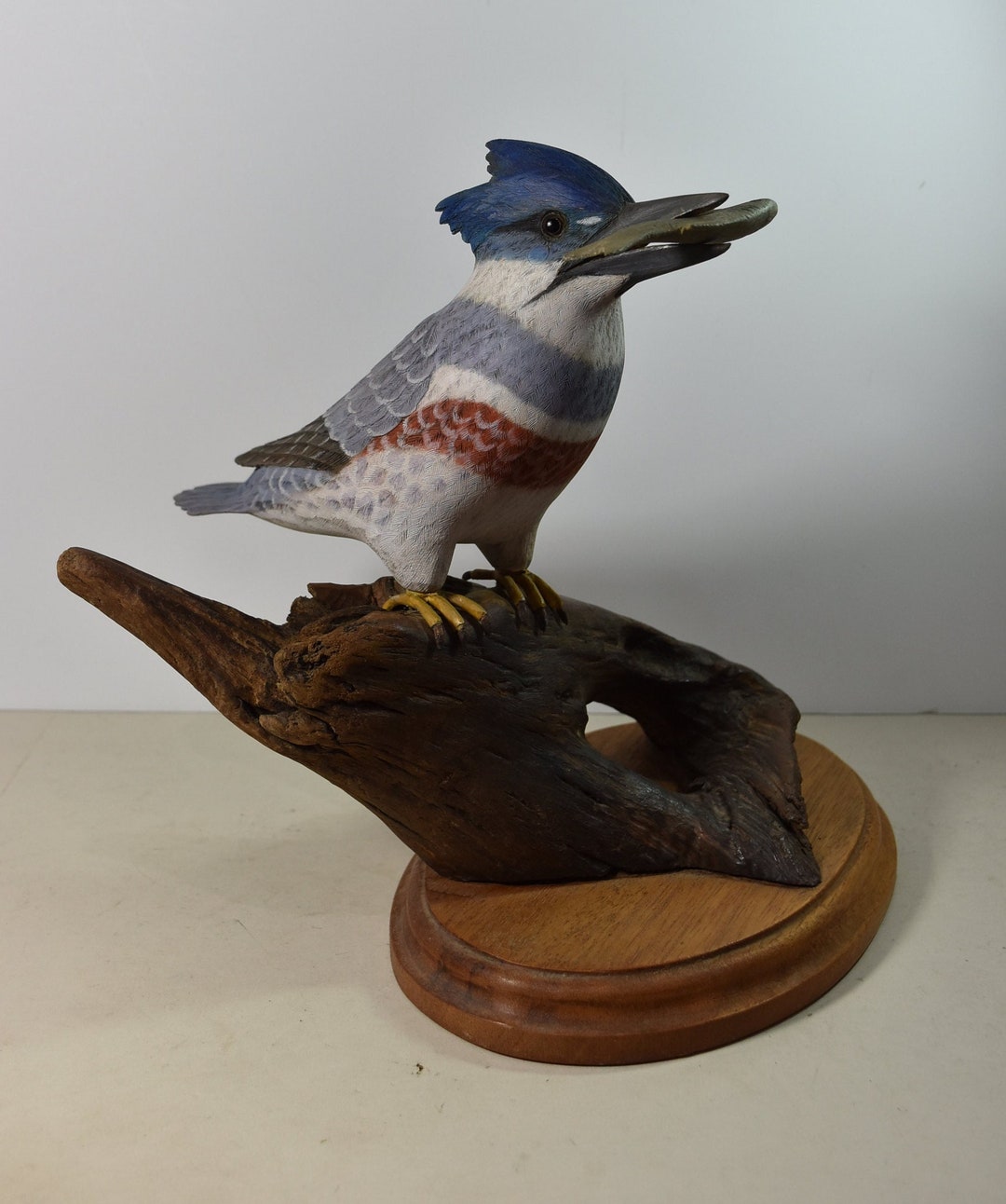 1984 Donald Wheatcraft Wood Kingfisher Carving on Driftwood Base With ...