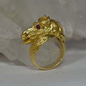 Diamond Ruby 18K Yellow Gold Horse Equestrian by Pass Ring Sz 8.25 15. ...