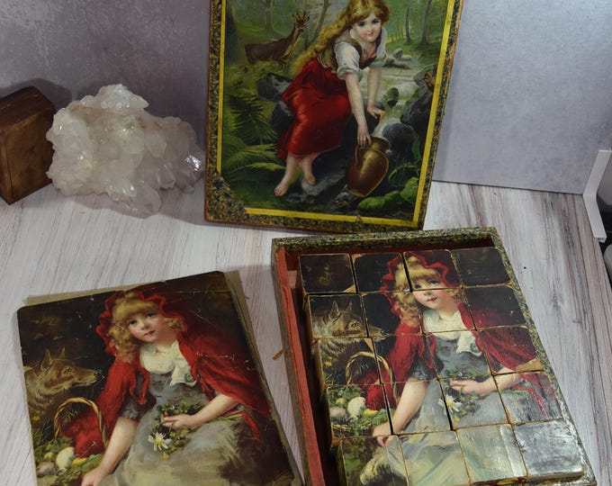 Antique Victorian 6 Sided Wood Block Puzzle Set Classic Fairy Tales Box ...