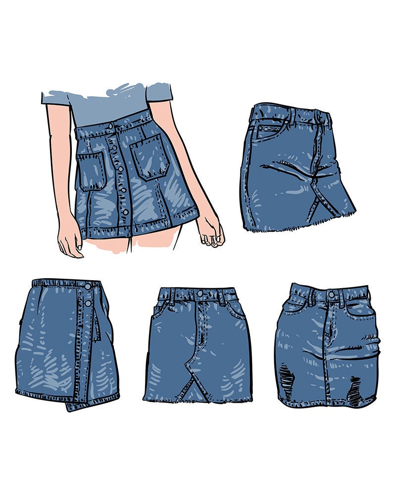 Denim Skirt Outline on a White Background. Hand Drawn Jean Skirt Vector ...