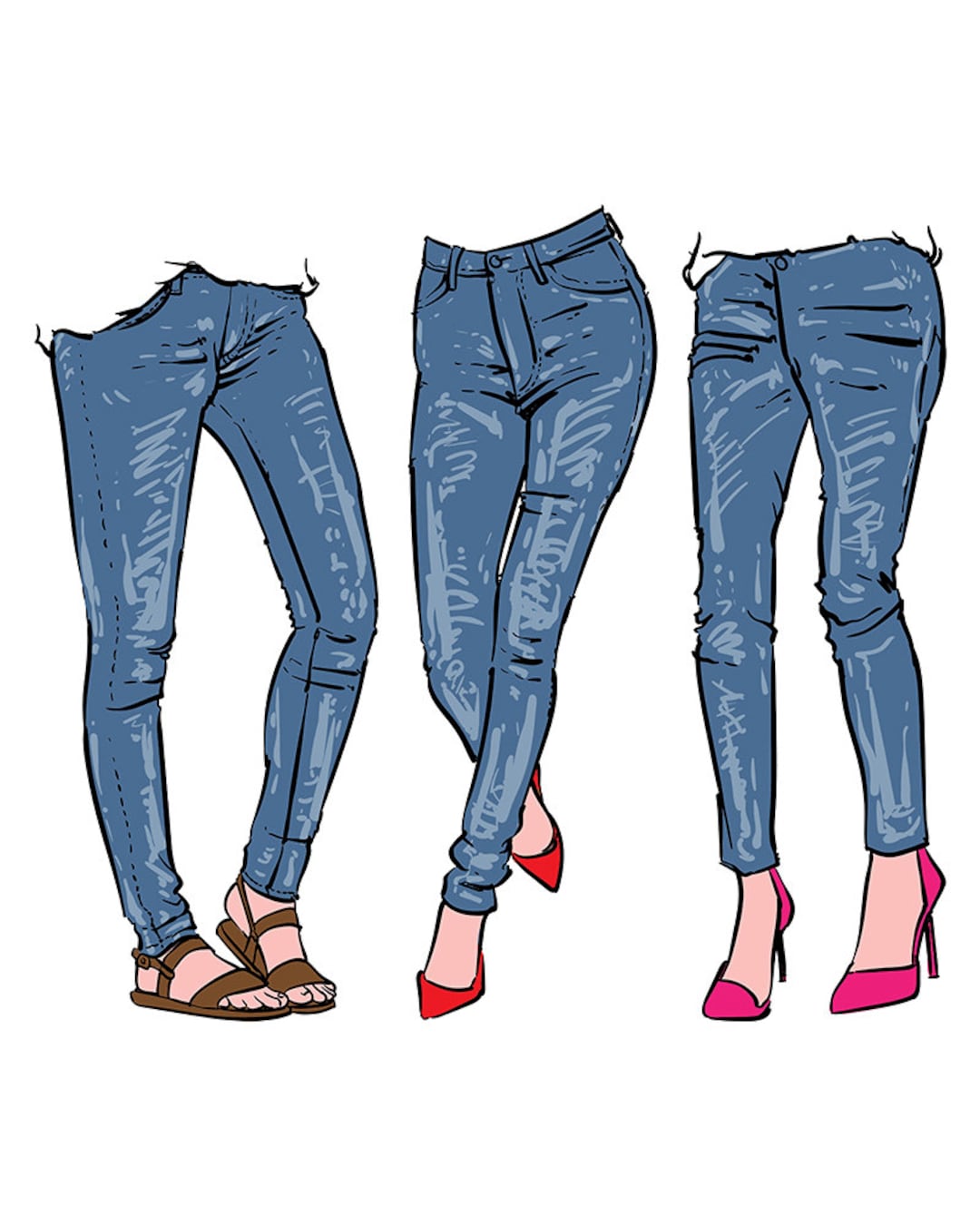 Hand Drawn Women's Fashionable Denim Jeans. Clipart Commercial Use ...