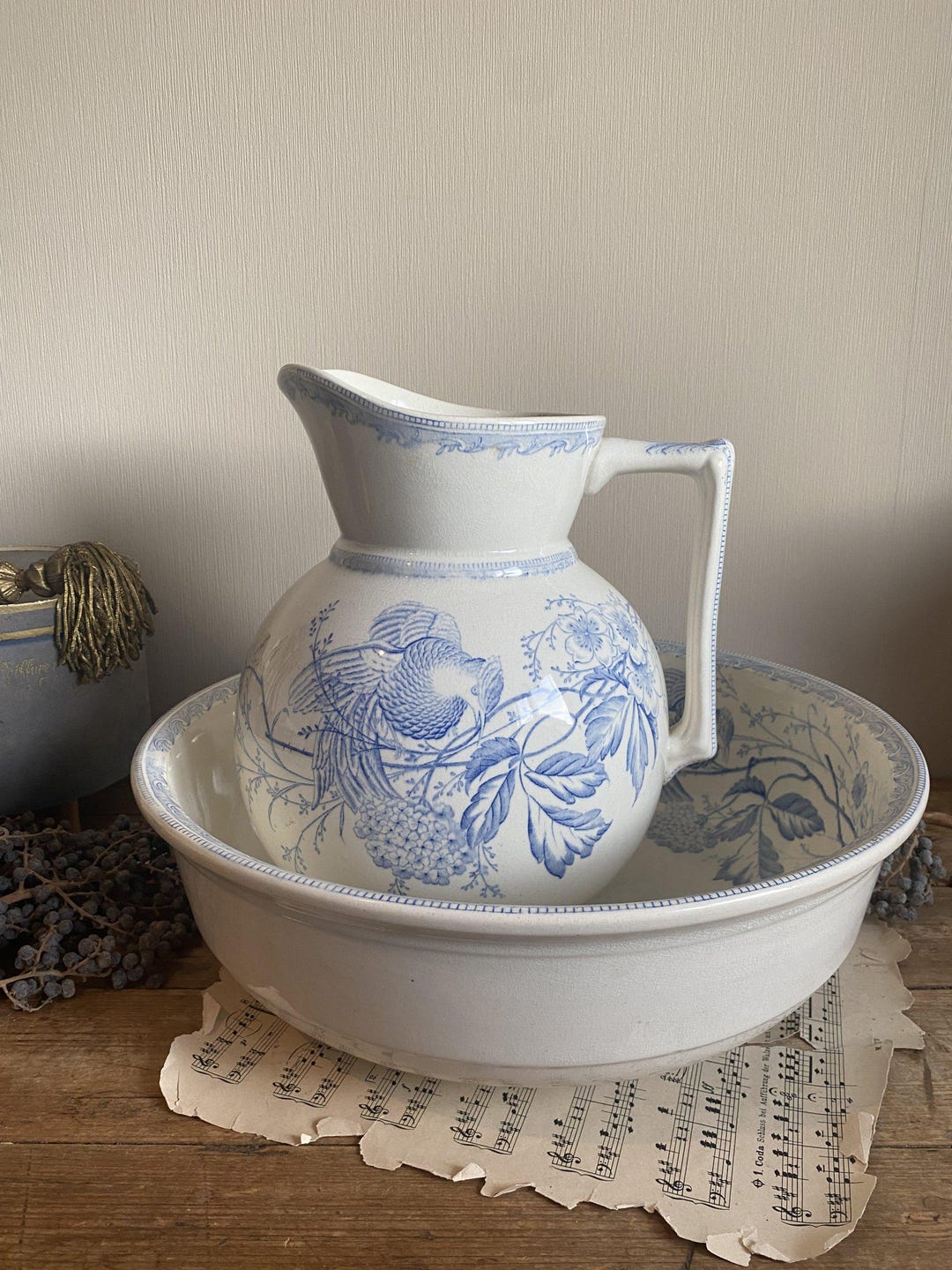 Antique French Bathroom Set, Wash Basin, Pitcher - Bird Decor - Etsy