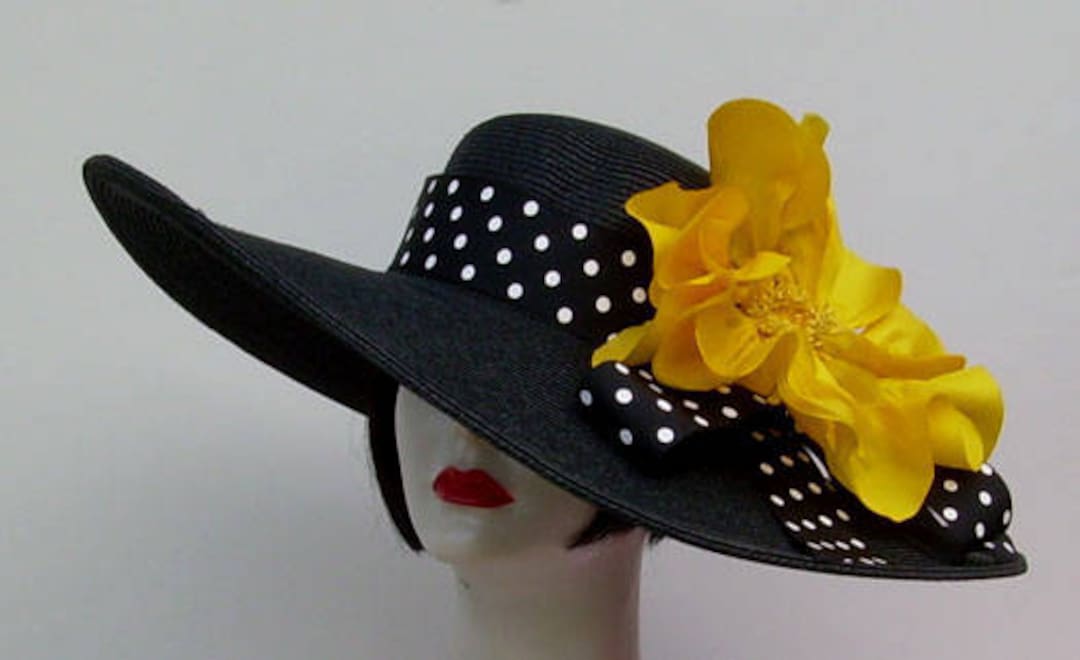Black Yellow Derby Hat, Large Brim, Polka Dot Ribbon, Yellow Poppy - Etsy