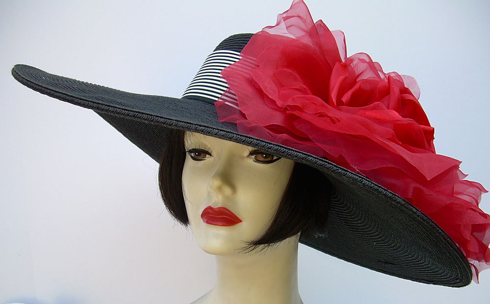 Black - Red Rose Derby Hat, Large Brim, Black - White Stripe Ribbon - Etsy