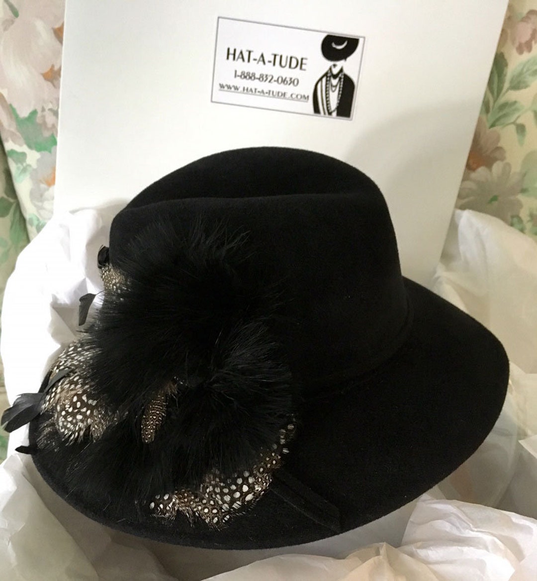 Winter Black Wool Felt Fedora - Feather - Etsy