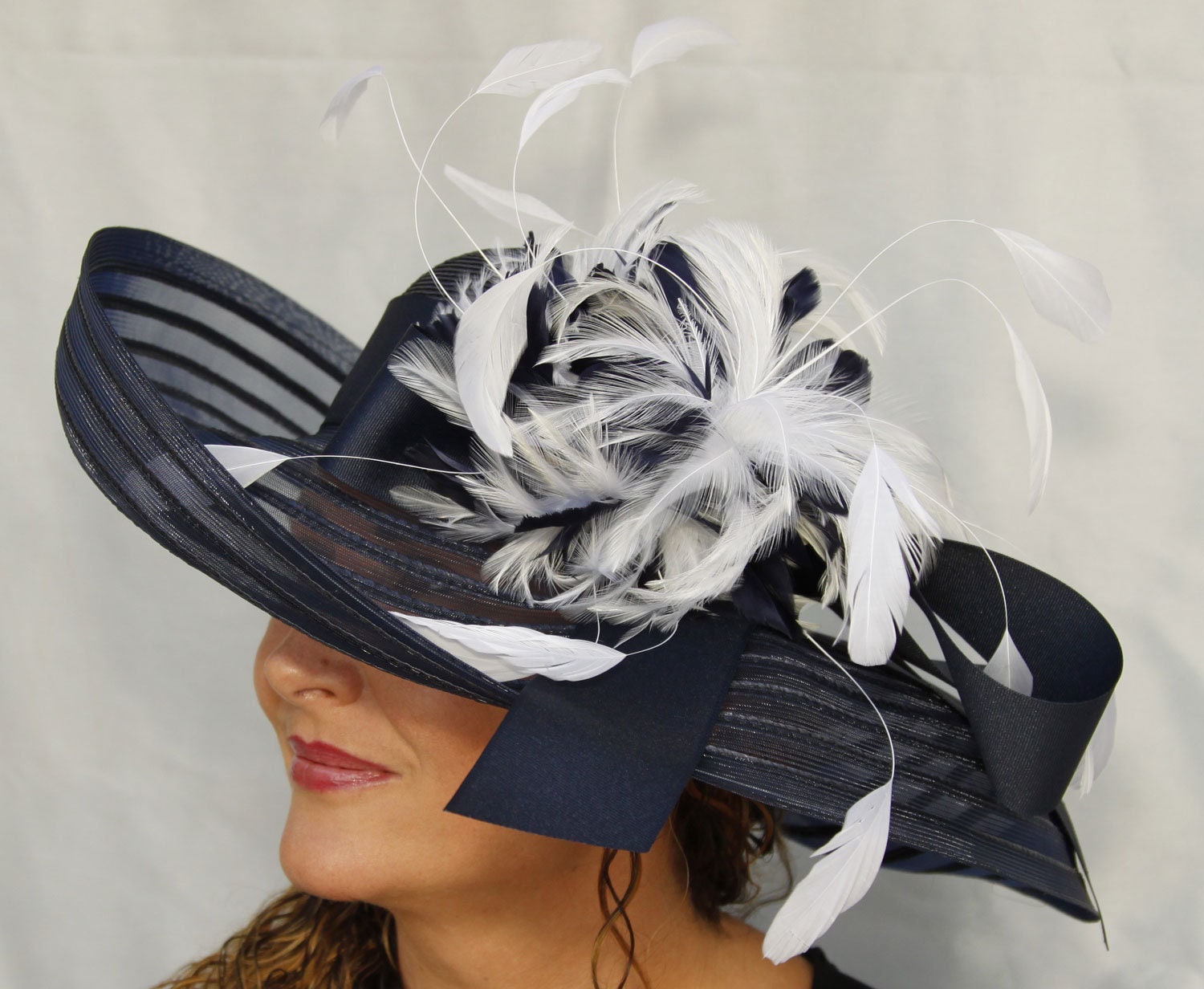 Navy, White, Feather, Derby, Dress, Easter, Church Hat - Etsy