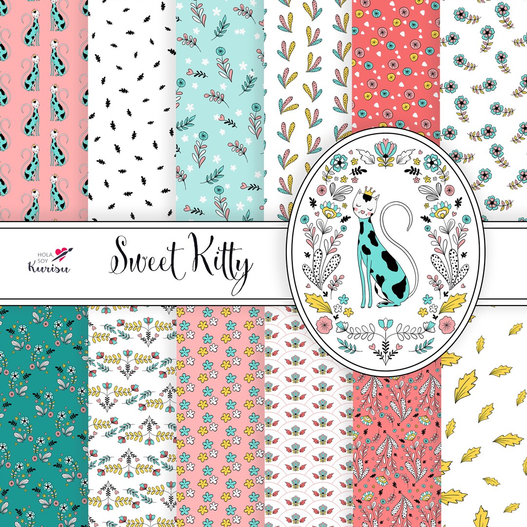 Cute Cat Digital Paper, Printable Paper for Scrapbook, Folk Art Digital ...
