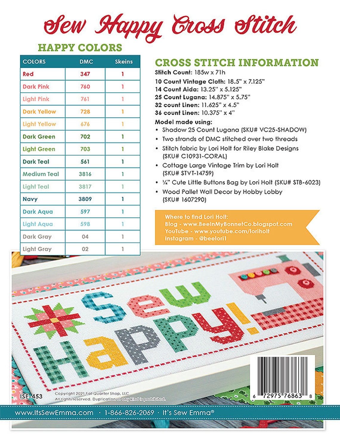 Sew Happy Downloadable PDF Cross Stitch Pattern by Lori Holt of Bee in ...