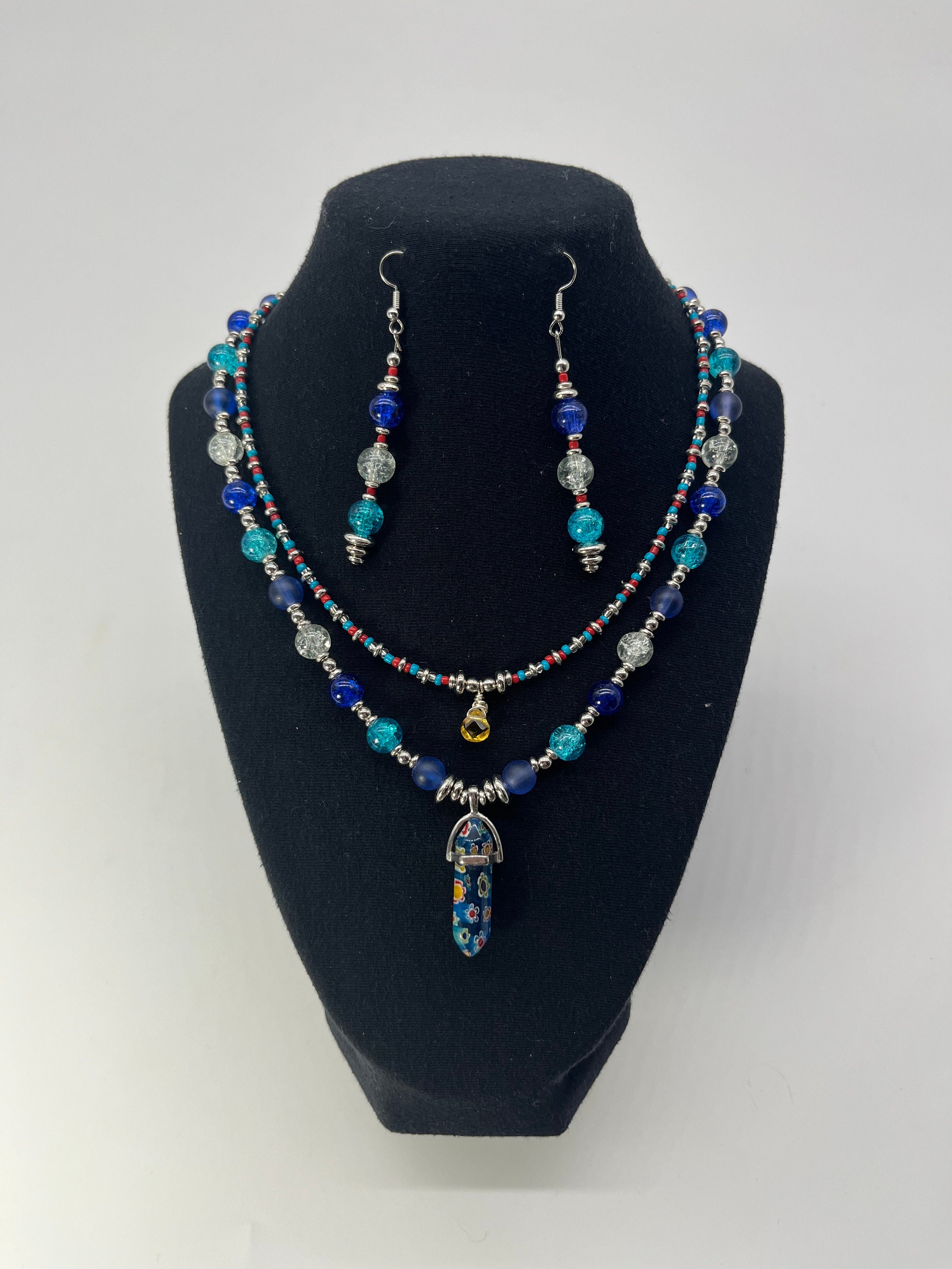 Two Layer Necklace Colorful Blue Glass Beads W/pendant & Matching Drop ...