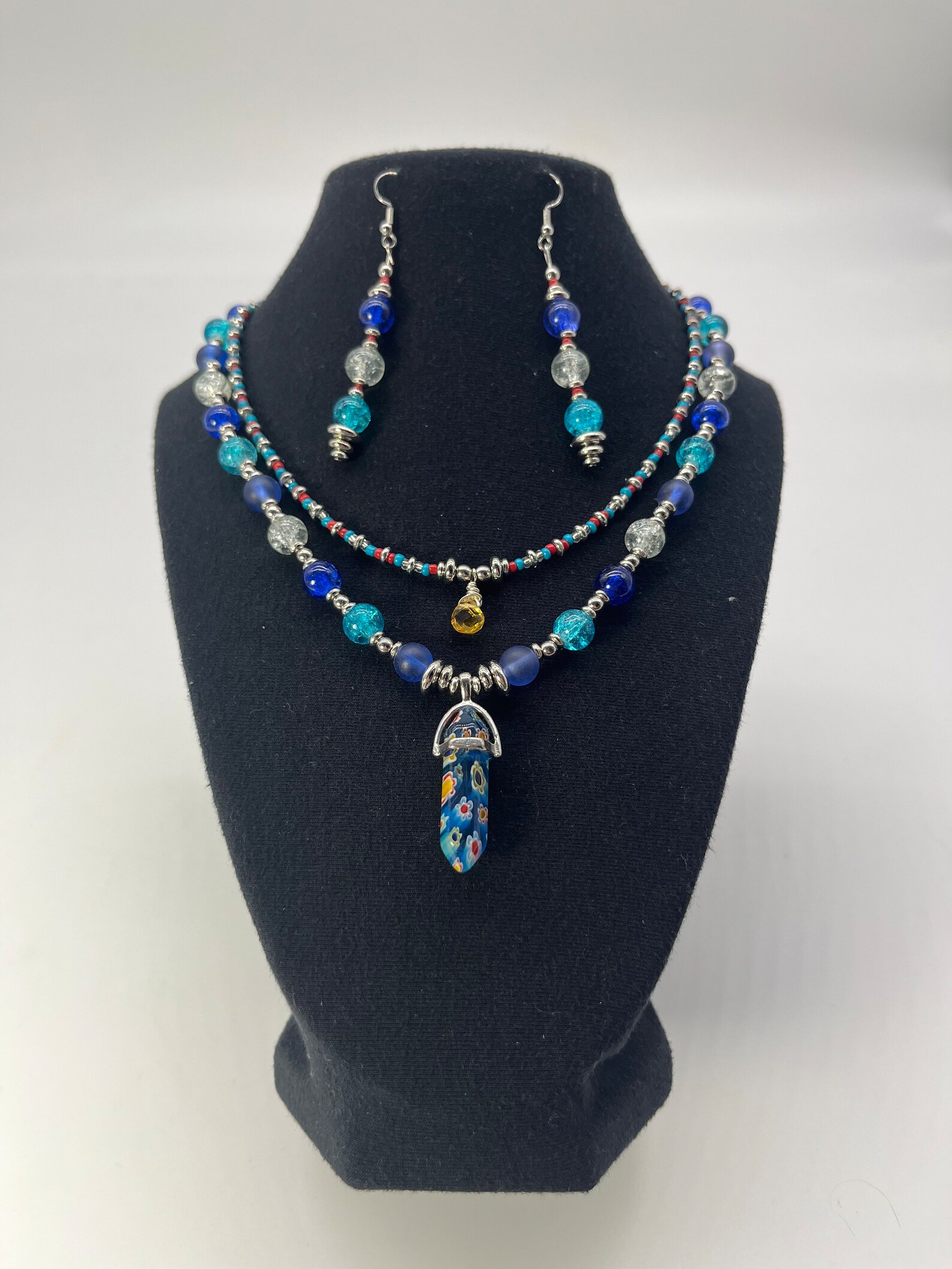 Two Layer Necklace Colorful Blue Glass Beads W/pendant & Matching Drop ...