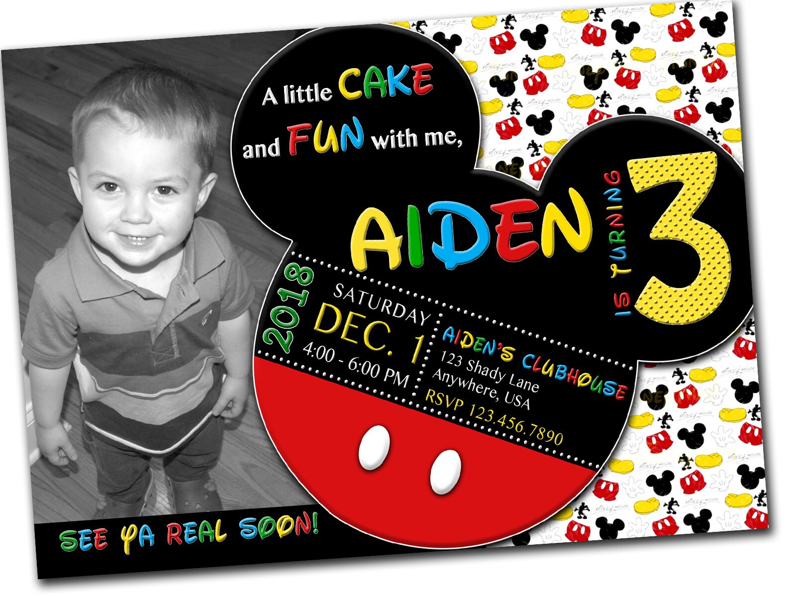 Paper Mickey Mouse 3rd birthday with photo retro Mickey third birthday ...