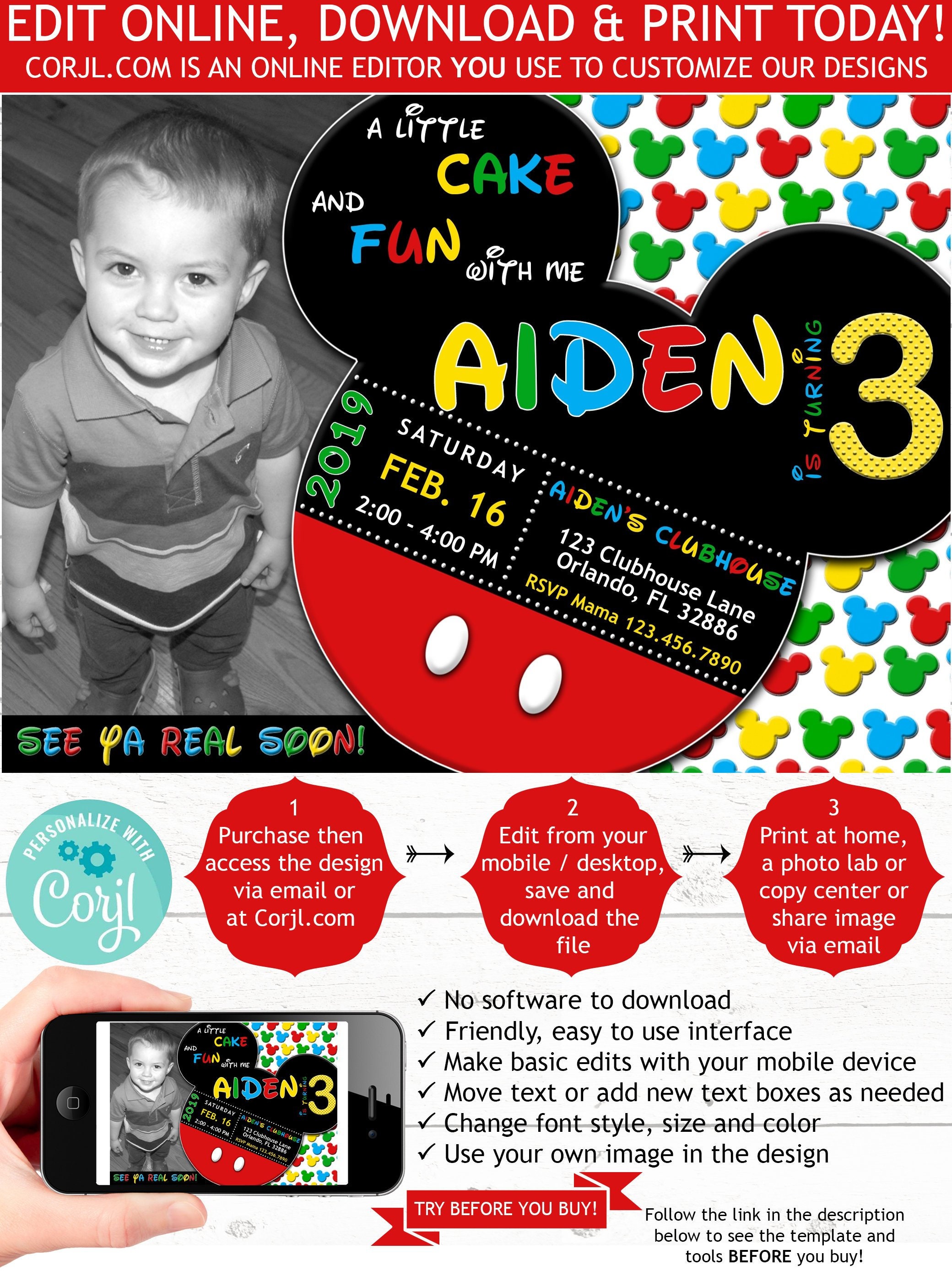 Paper Mickey Mouse 3rd birthday with photo retro Mickey third birthday ...