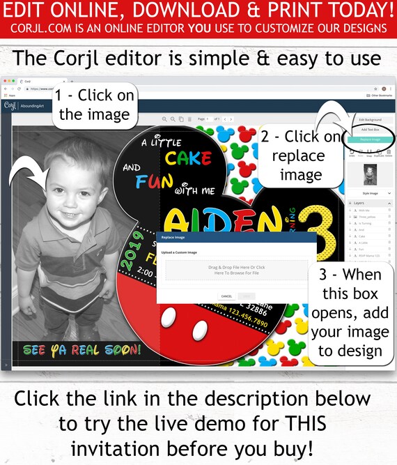 Paper Mickey Mouse 3rd birthday with photo retro Mickey third birthday ...