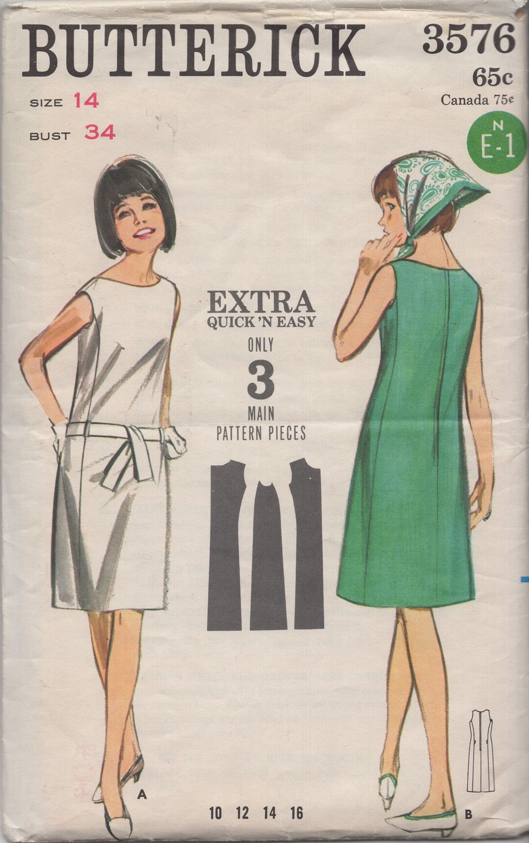 Vintage 1960's Mod Sewing Pattern: Butterick 3576 A-line Dress, Size 14 ...