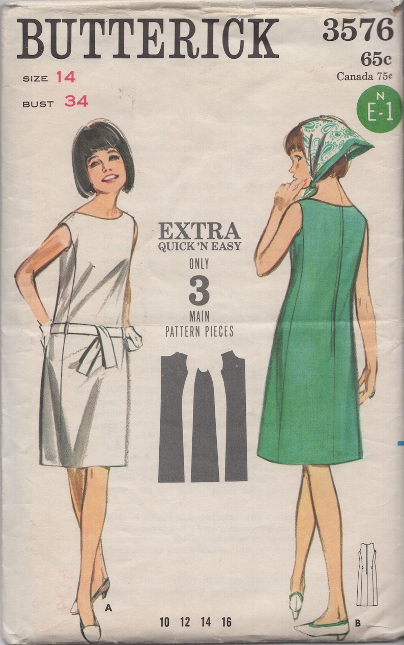 Vintage 1960's Mod Sewing Pattern: Butterick 3576 A-line Dress, Size 14 ...