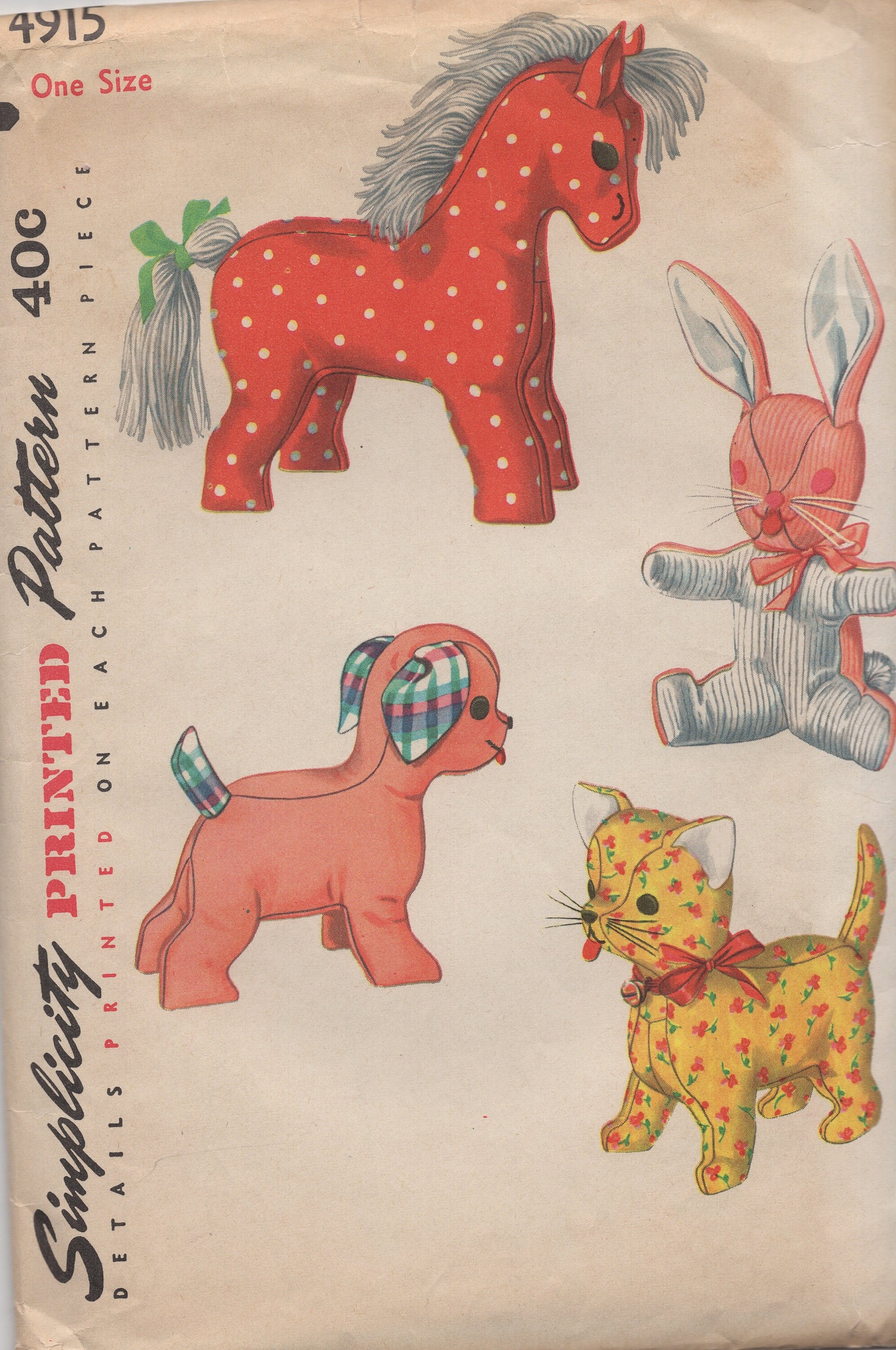 Vintage 1950's Plushie Stuffed Animal Sewing Pattern: Simplicity 4915 ...