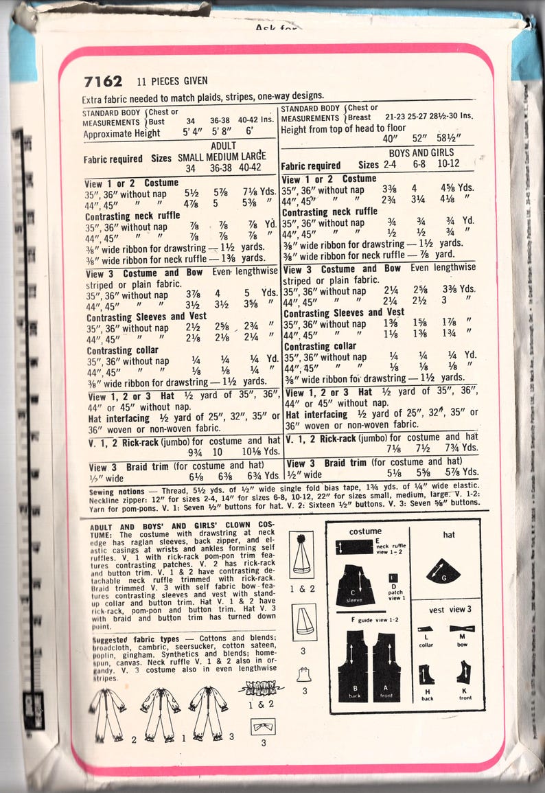 Vintage UNCUT Kids' Clown Costume Sewing Pattern: Simplicity 7162 ...