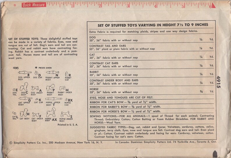 Vintage 1950's Plushie Stuffed Animal Sewing Pattern: Simplicity 4915 ...