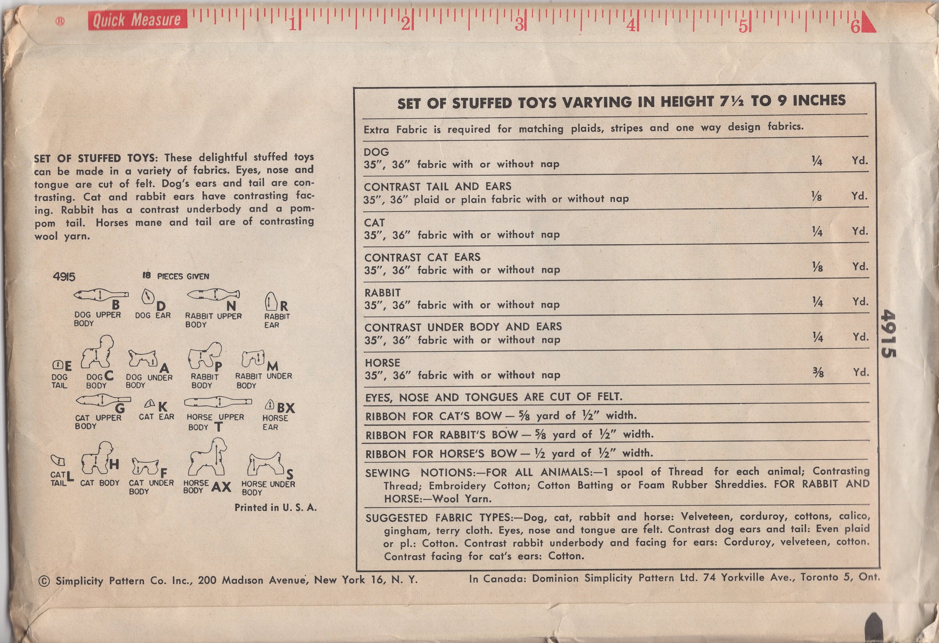 Vintage 1950's Plushie Stuffed Animal Sewing Pattern: Simplicity 4915 ...