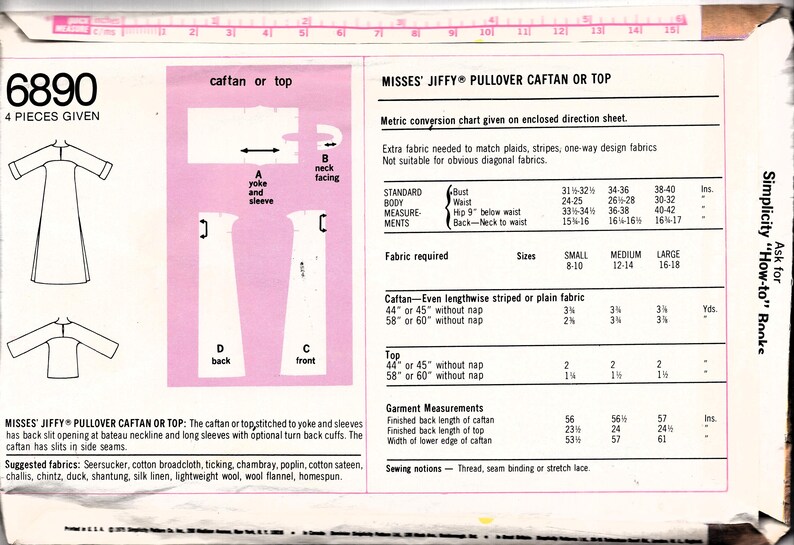 Vintage UNCUT 1970's Caftan Dress Sewing Pattern: Simplicity 6890 Plus ...