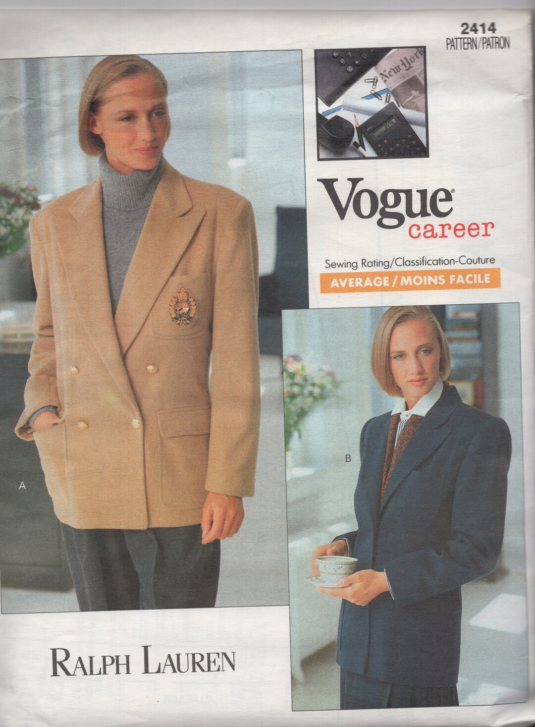 Vintage 1980's Uncut Vogue Ralph Lauren Sewing Pattern 2414 Boxy Preppy ...