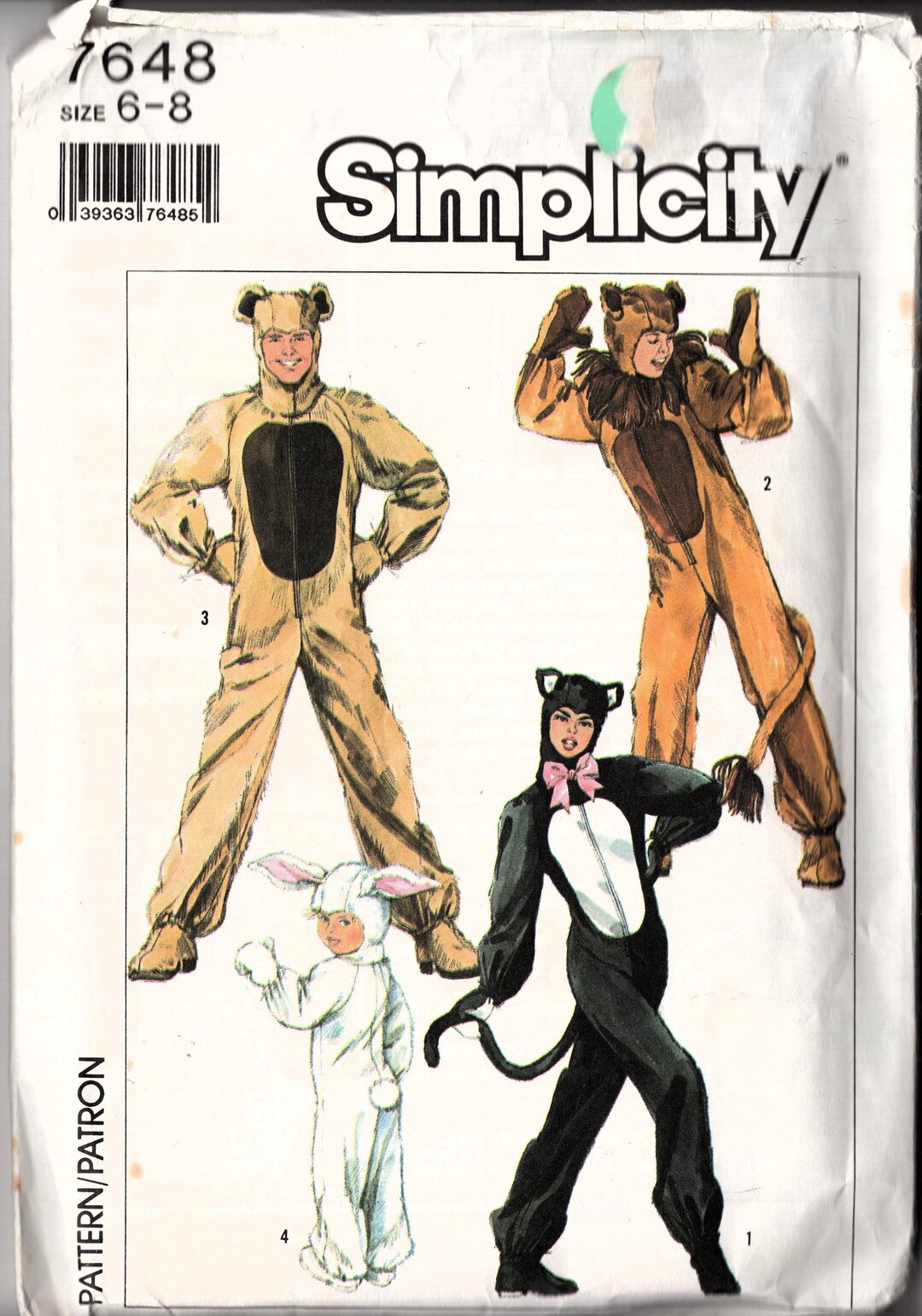 Vintage 80's Kids' Animal Costume Sewing Pattern: Simplicity 7648 ...