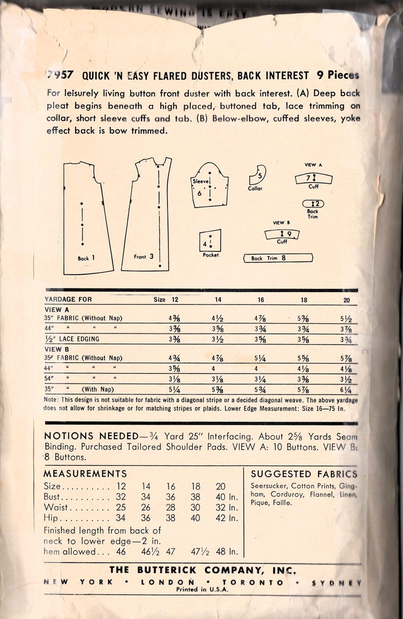 Vintage 1950's Bathrobe Duster Sewing Pattern: Butterick 7957 Plus Size ...